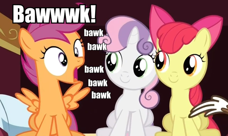 #182889 - apple bloom, bawk, chicken, derpibooru import, image macro ...