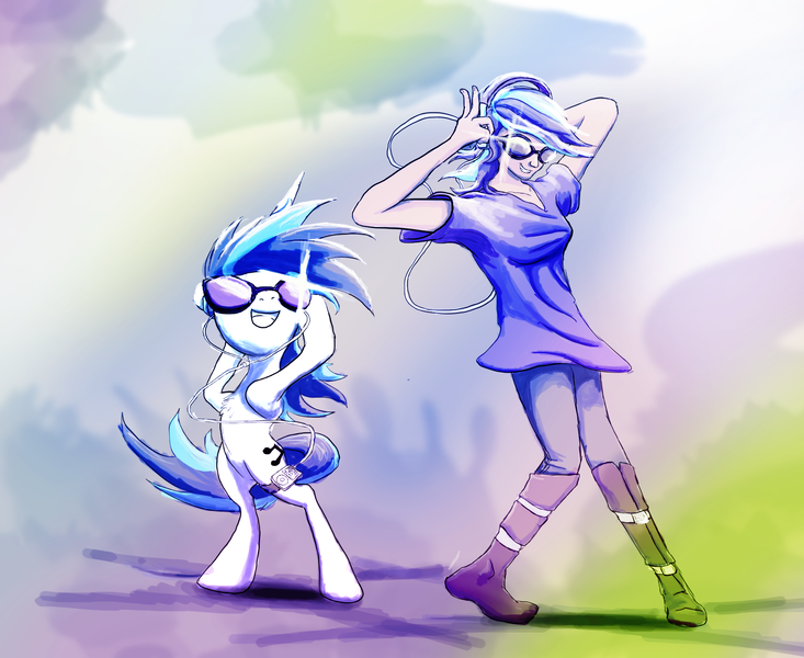 #588025 - safe, artist:aaronmk, derpibooru import, vinyl scratch, human, dancing, humanized ...