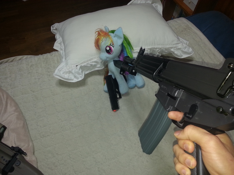 #657136 - airsoft, assault rifle, background pony strikes again ...