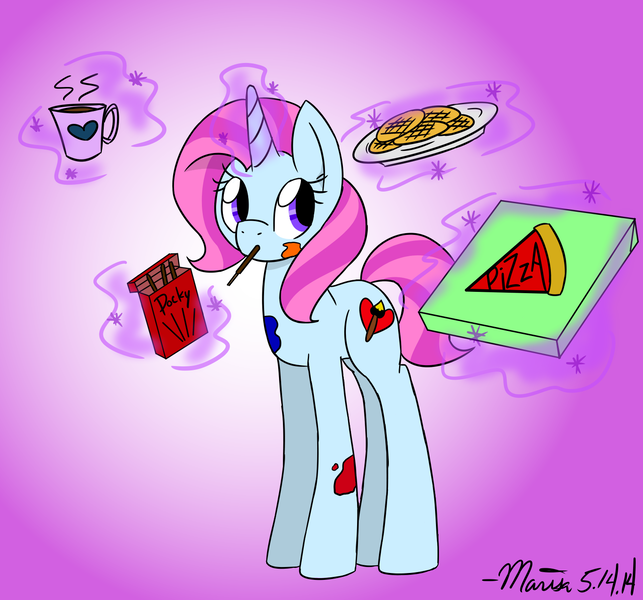 #853495 - artist:melodicmarzipan, derpibooru import, food, oc, oc:marzi, pizza, pocky, safe ...