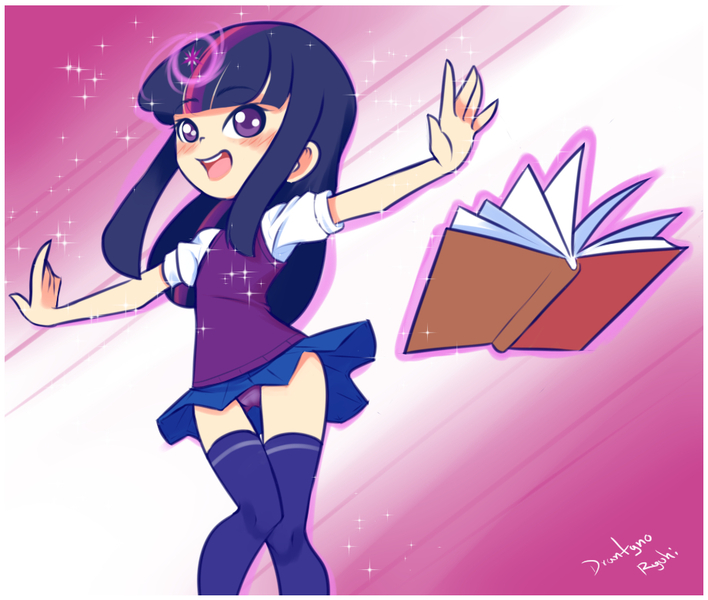 #1075612 - artist:drantyno, blushing, book, cameltoe, clothes, cute ...