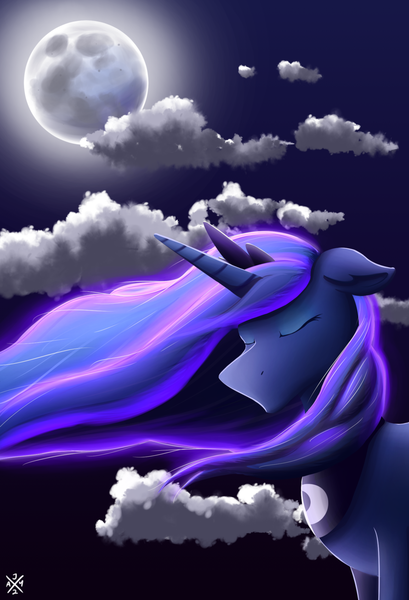 #1092494 - artist:auro-ria, cloud, derpibooru import, eyes closed, floppy ears, moon, night ...