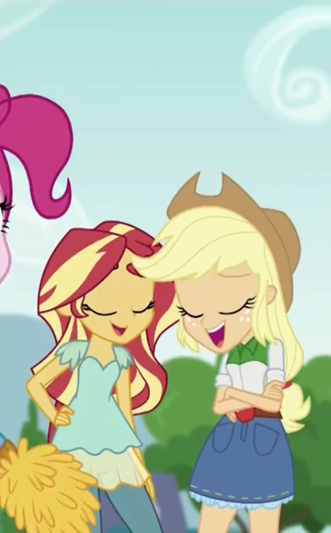 #1131829 - safe, derpibooru import, screencap, applejack, pinkie pie, sunset shimmer, dance ...