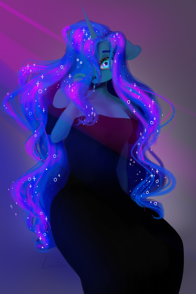 #1758356 - anthro, artist:livitoza, derpibooru import, hair over one eye, princess luna, safe ...