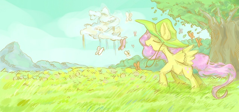 #2072434 - artist:chung-sae, butterfly, cloudsdale, derpibooru import, field, fluttershy, grass ...