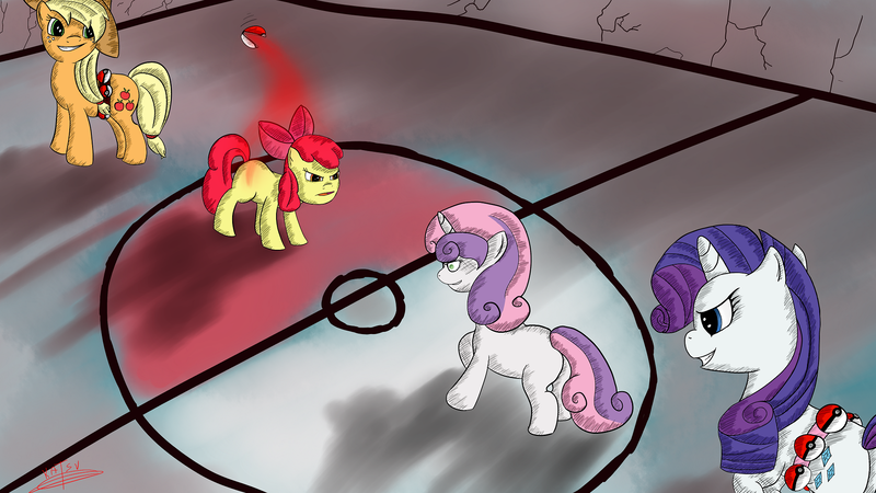 #2138062 - apple bloom, applejack, arena, artist:katsu, crossover, derpibooru import, pokéball ...