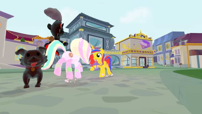 #2495485 - safe, derpibooru import, oc, dog, pony, unicorn, cobblestone street, dancing, female ...