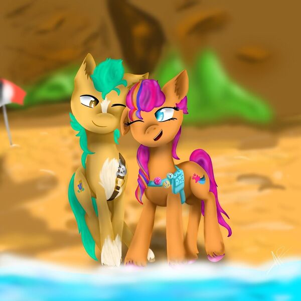 #3013952 - safe, artist:emelieshycastle44, derpibooru import, hitch trailblazer, sunny starscout ...