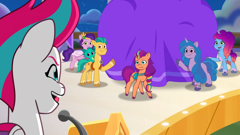 #3044917 - safe, derpibooru import, screencap, hitch trailblazer, izzy moonbow, misty brightdawn ...