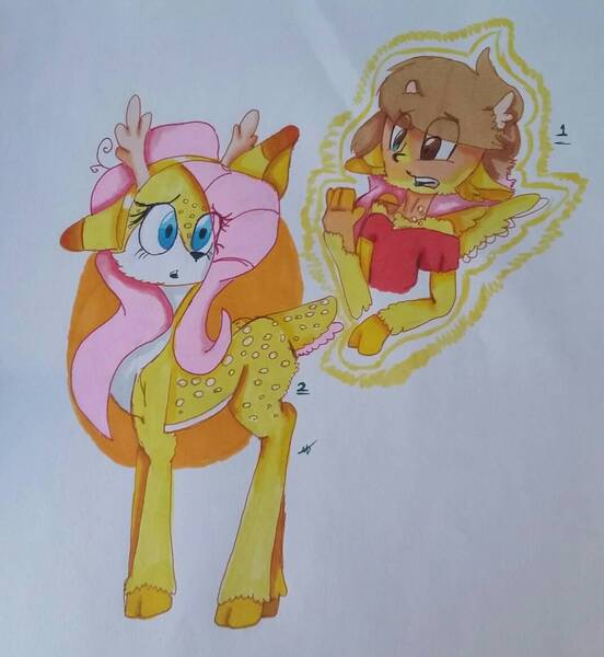 #3406817 - safe, artist:toffee-the-dingo, derpibooru import, fluttershy, deer, human, g4, female ...