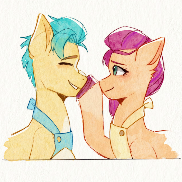 #3289075 - safe, artist:xiaowu07, derpibooru import, hitch trailblazer, sunny starscout, earth ...