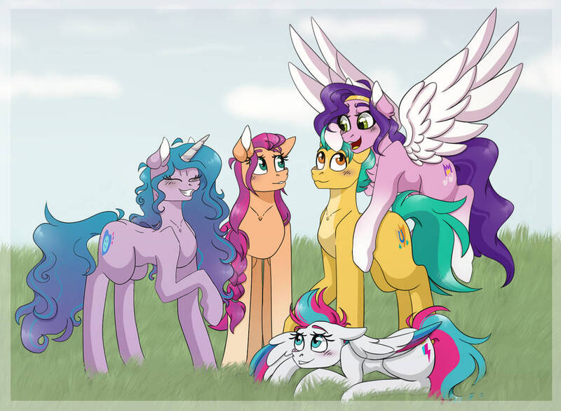 #3340467 - safe, artist:xxmikaraxx, derpibooru import, hitch trailblazer, izzy moonbow, pipp ...