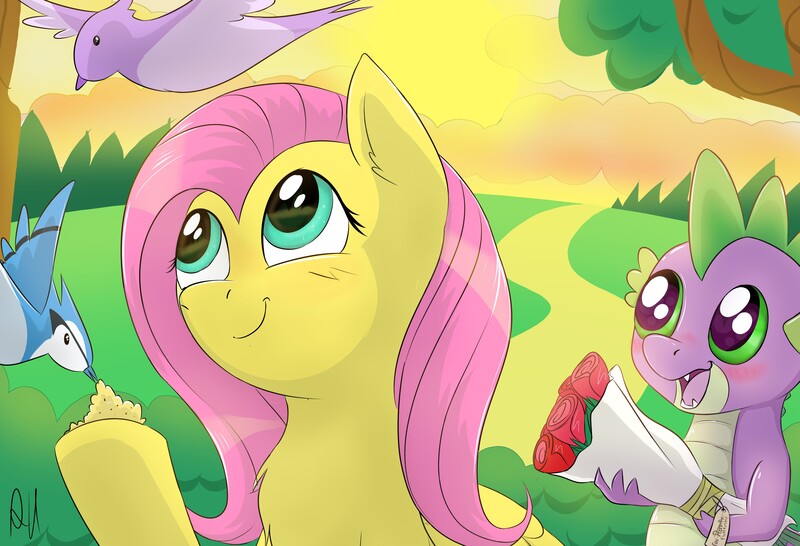 #3340596 - safe, artist:azilluwu, derpibooru import, fluttershy, spike ...