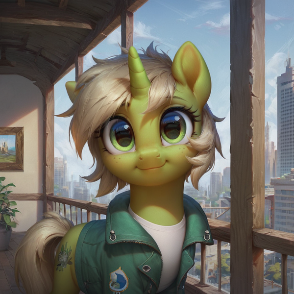 #3601173 - safe, ai generated, prompter:davshell, oc, pony, unicorn, balcony, building, city ...