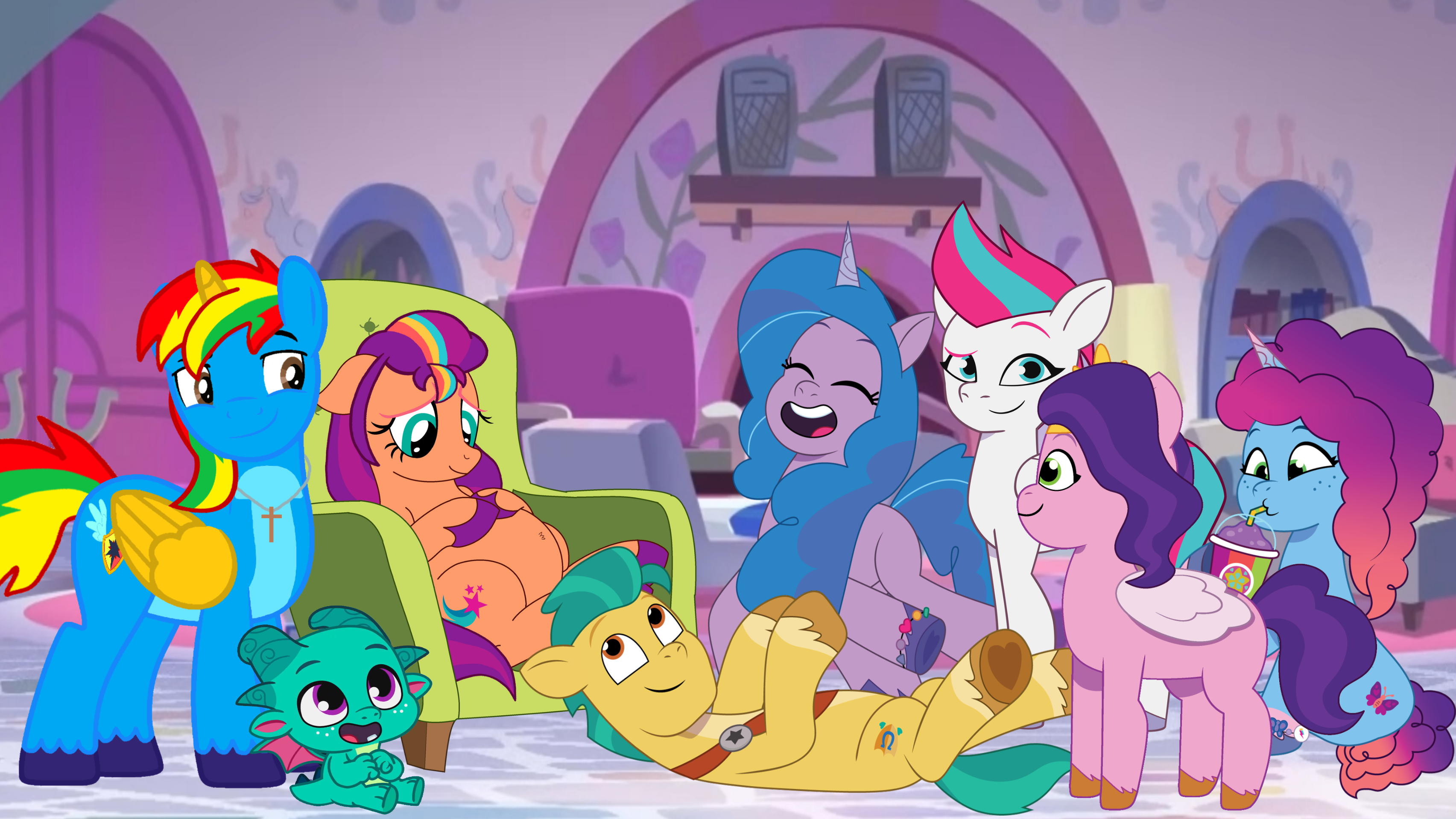 #3614235 - safe, artist:shieldwingarmorofgod, derpibooru import, hitch trailblazer, izzy moonbow ...