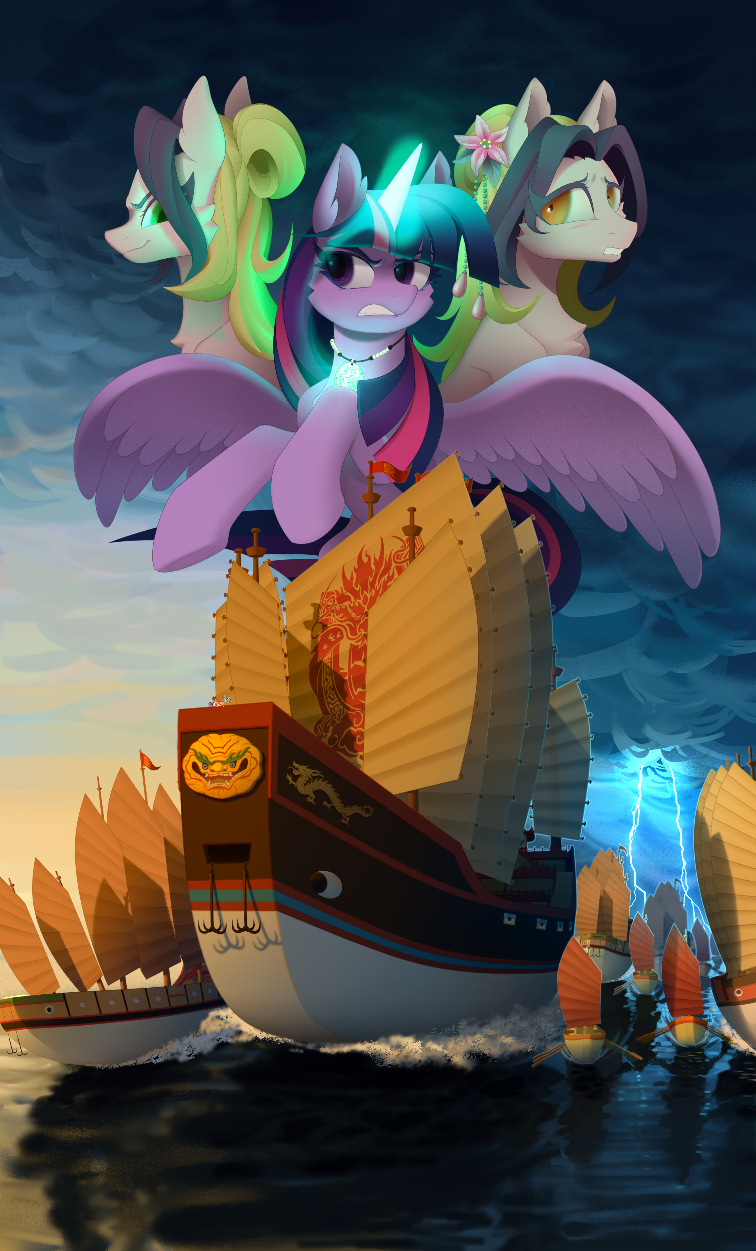 #3415731 - safe, artist:rrd-artist, derpibooru import, applejack, fluttershy, pinkie pie, queen ...