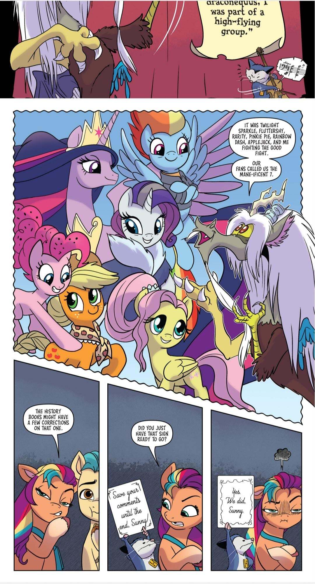 #3309425 - safe, derpibooru import, idw, applejack, discord, fluttershy, hitch trailblazer ...